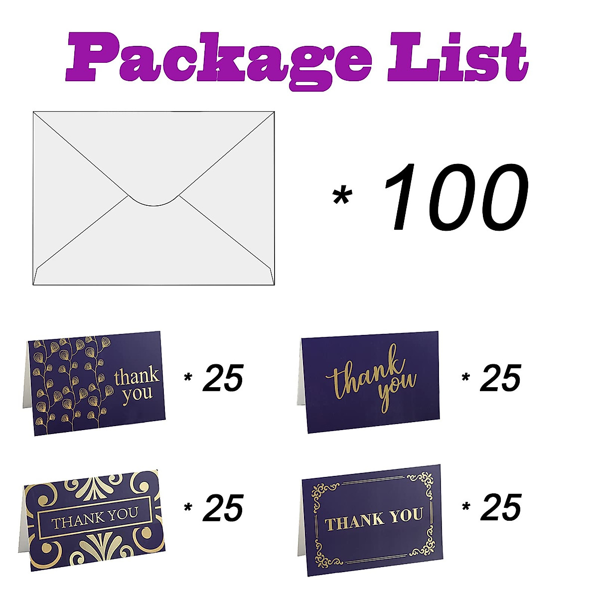 Bonfasvo 100 Pack Blue Thank You Cards & 100 Pack White Envelopes 4.25 x 6.25 inches Elegant Fold Over Greetings Blank Inside, Handwritten Style For Business Graduation Baby Shower & Wedding