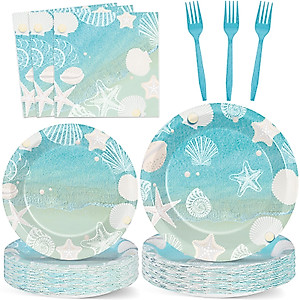 Naozinebi Seashell Beach Party Plates Napkin Fork Nautical Coastal Birthday Party Tableware Set Ocean Starfish Dinnerware Supply for Summer Holiday baby shower Wedding Bridal Decoration favor Serve 24