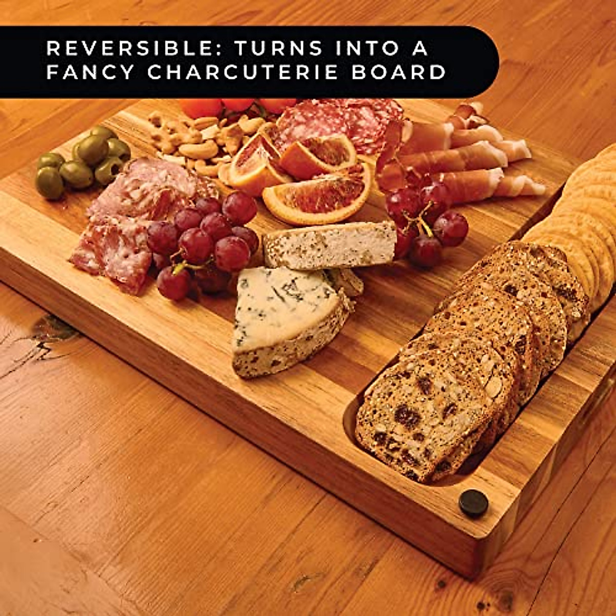 Premium Large Acacia Wood Cutting Board for Kitchen. 1.5in Extra Thick Chopping Board with Juice Groove. Non slip Reversible Butcher Block Countertop & Charcuterie Board gift set