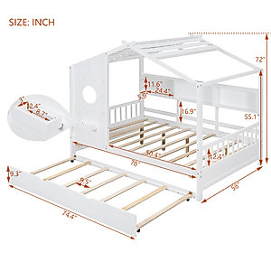 Full Size House Bed with Trundle for Kids,Full Kids Bed Frame with Storage Shelves,Wood House Bed Frame for Girls,Boys,Can be Decorated,White