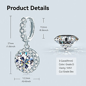 Moissanite Earrings for Women, 925 Sterling Silver Moissanite Drop Hoop Earrings, 3ct Moissanite Diamond Dangle Earrings for Sensitive Ears Hypoallergenic Christmas Mother's Day Gifts