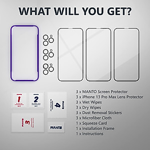 MANTO 3 Pack Screen Protector for iPhone 13 Pro Max 6.7 inch and 2 Pack Camera Lens Protector, HD Clear Full Coverage Premium Tempered Glass Film, 9H Hardness, Bubble Free, Easy Install Tool