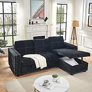 Sectional Sofa with Chaise, HABITRIO 91" L-Shape Loveseat Couch w/Roll-out Sleeper Bed, Reversible Storage Lounge, Black Velvet Upholstered Button Tufted Nailhead Trim Accent Furniture for Living Room