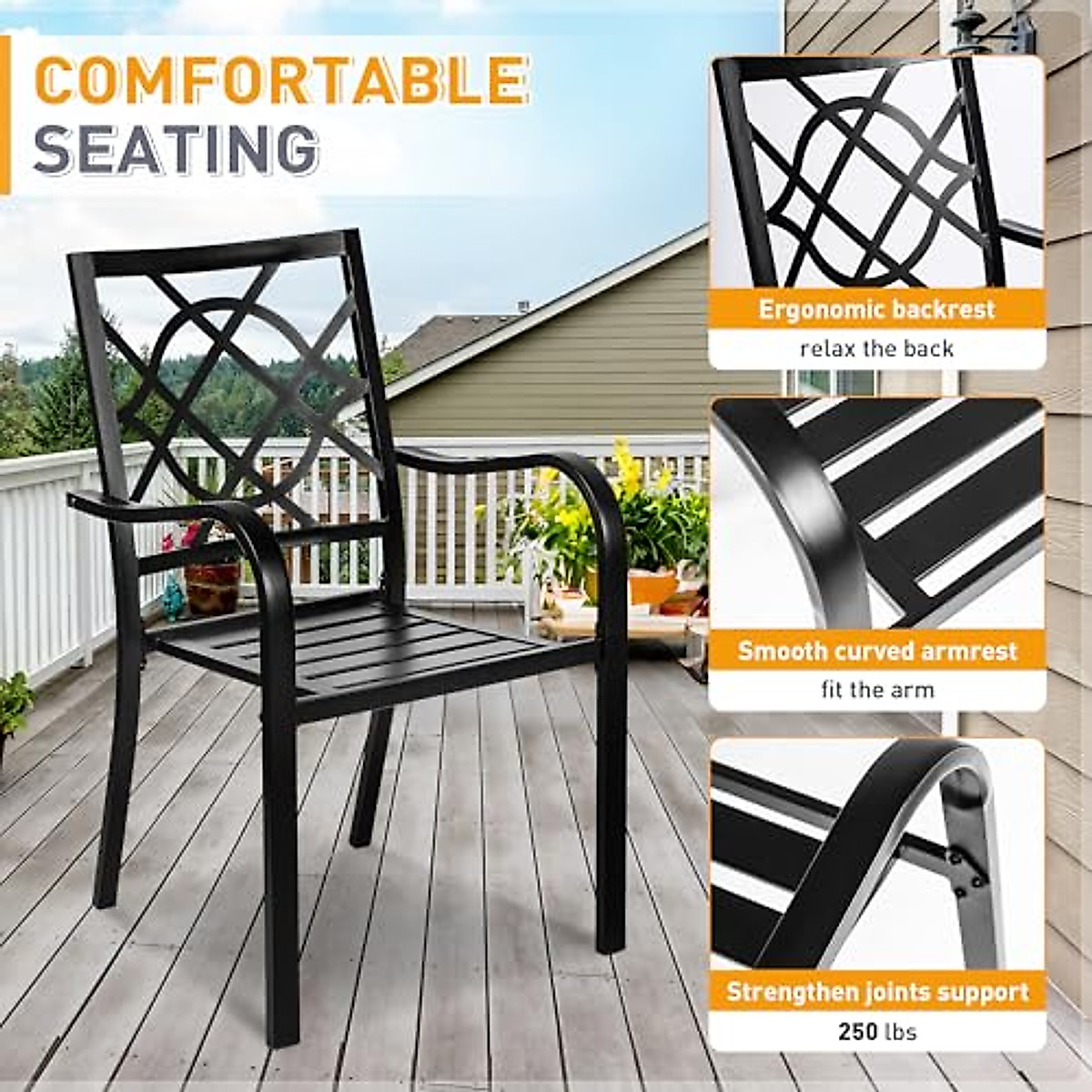 SUNCROWN 5-Piece Outdoor Wrought Iron Chairs and Table Patio Dining Furniture Set - 4 Stackable Metal Chairs, 1 Steel Slat Bistro Table for Garden Backyard Deck