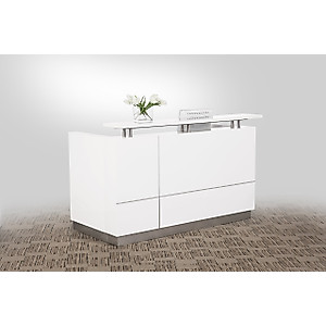 GW FURNITURE Modern Gloss White Reception Desk (63") with Quartz-Stone Counter TOP
