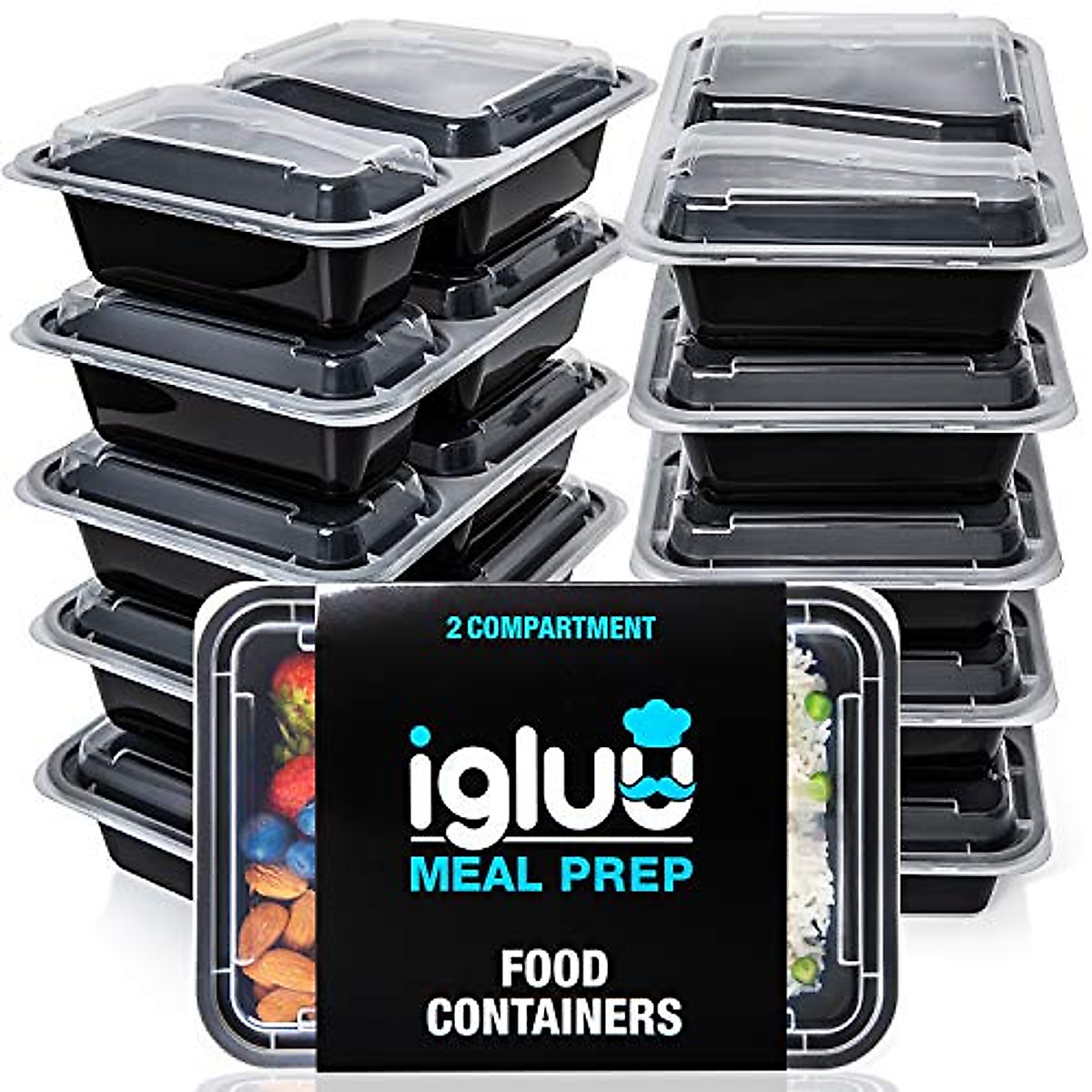 Igluu Meal Prep Containers [10 Pack] 2 Compartment with Airtight Lids - Plastic Food Storage Bento Box - BPA Free - Reusable Lunch Boxes - Microwavable, Freezer and Dishwasher Safe (30 oz)
