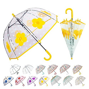 LLanxiry Umbrella Kids Clear Bubble Auto Open Umbrellas for Rain Children's Safe Transparent Dome Waterproof Stick Lightweight Umbrella for Boys Girls (Flower-Yellow)
