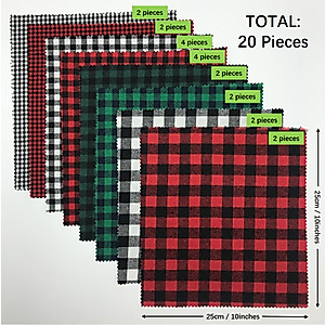 20 Pieces Christmas Gingham Fabric, Xmas Cotton Buffalo Plaids Color Red/Black White/Black Green/Black Squares for Sewing Quilting DIY Homemade Crafts 10 x 10 inches