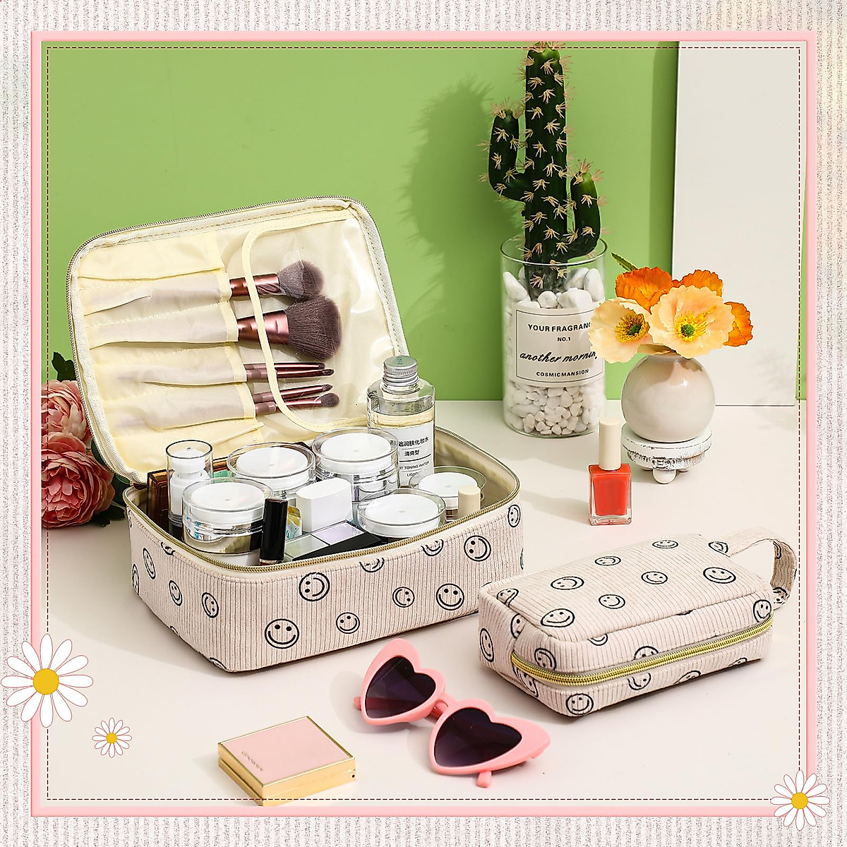 Sanwuta 2 Pcs Corduroy Cosmetic Bag Set Travel Toiletry Bag Smile Face Makeup Pouch Portable Cosmetic Pouch Smile Dots Bags Multifunction Organizer Washable Skincare Bag for Women, 2 sizes