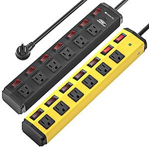 Power Strip with Individual Switches and Flat Plug, CRST 6-Outlet Metal Heavy Duty Surge Protector (1200 Joules), 6-Feet 14AWG Cord with Hook and Loop Fastener, 15A Circuit Breaker
