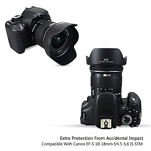 JJC Reversible Lens Hood Shade Protector for Canon EF-S 10-18mm f/4.5-5.6 is STM Lens on Camera Rebel T7i T8i T7 T6S T6i T5i T5 SL3 SL2 EOS 90D 80D 77D 70D 7D Mark II Replaces Canon EW-73C Lens Hood