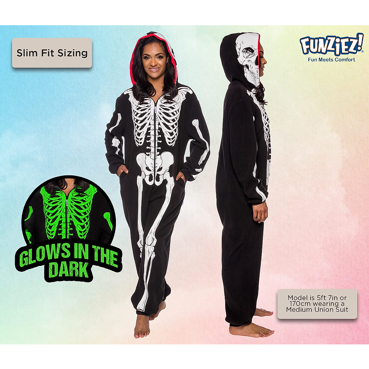 Funziez! Glow in the Dark Skeleton Adult Onesie - Halloween Costume - Plush One Piece Cosplay Suit for Adults, Women and Men