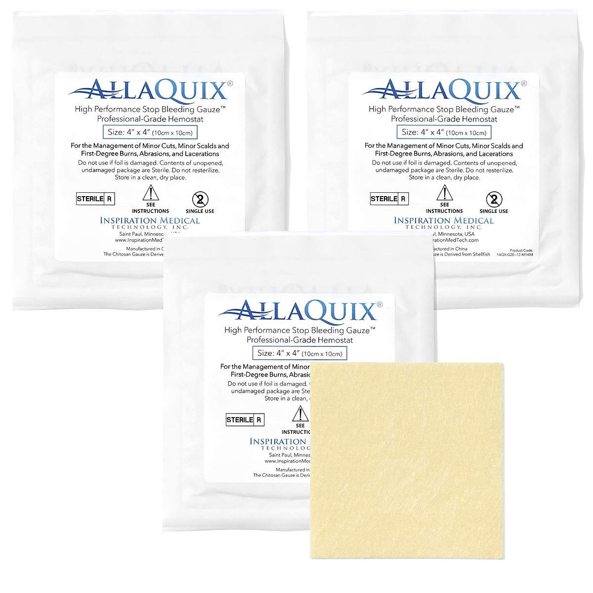 AllaQuix High Performance Stop Bleeding Gauze - X-Large (4"x4"Square) - (3-Pack) Professional-Grade First-Aid Hemostatic Gauze (Blood Clotting Bandage)