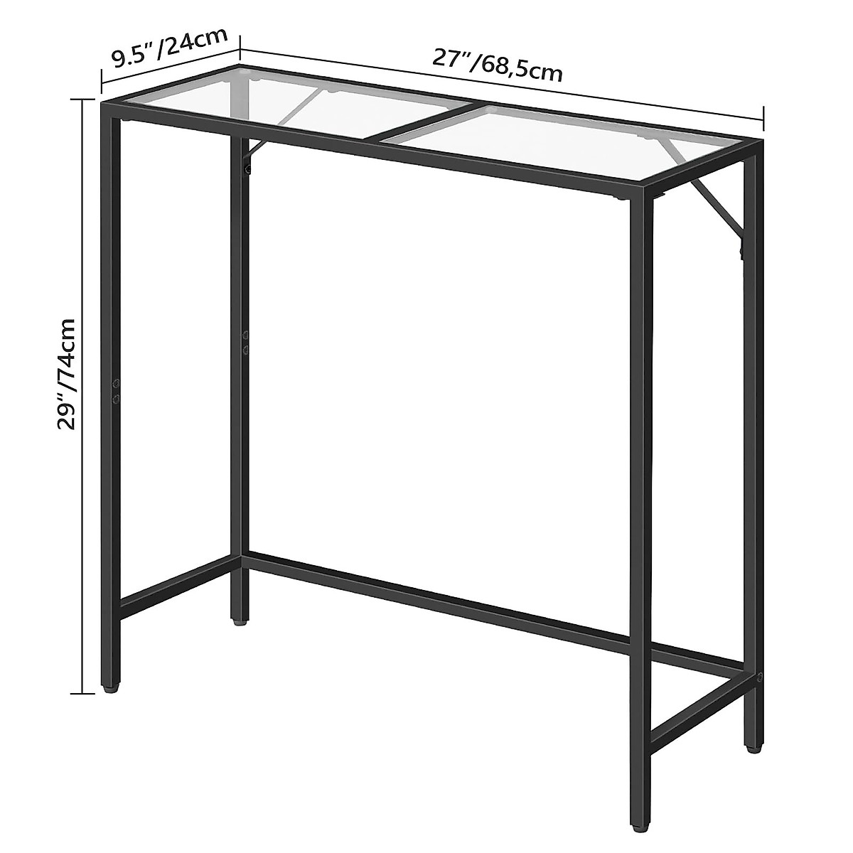 MAHANCRIS Console Table, 27" Narrow Behind Sofa Table, Tempered Glass Entryway Table with Metal Frame, Adjustable Feet, Industrial Style, for Entrance, Living Room, Hallway, Balcony, Black CTH68B01