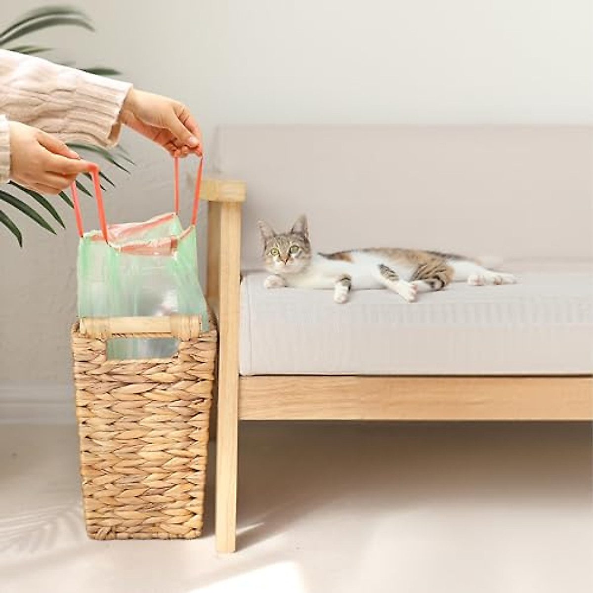 Wicker Trash Basket with Wooden Handles | Wicker Bathroom Trash Can | Woven Trash Can | Wicker Waste Basket for Bathroom, Bedroom, Living Room, Office