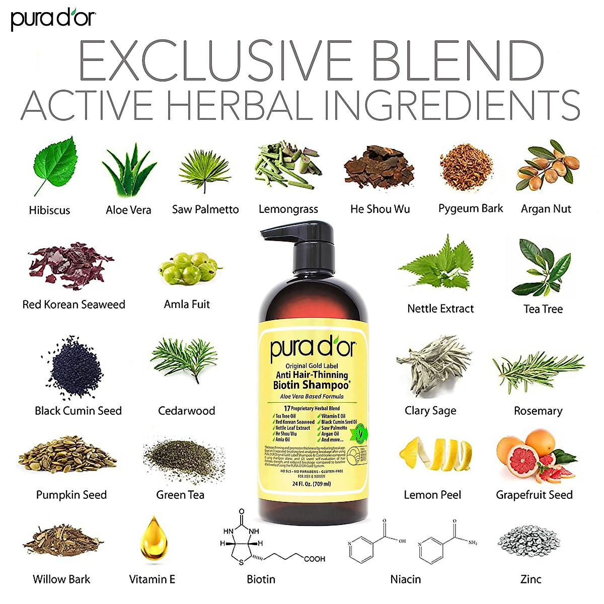 PURA D'OR Anti-Thinning Biotin Shampoo & Deep Moisturizing Conditioner Original Gold Label Set (24oz x2) Natural Earthy Scent, CLINICALLY TESTED Effective Results, DHT Blocker Thickening, Women & Men