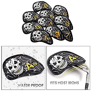 BESSTUUP 10pcs Golf Head Covers for Irons Putter, Sticker PU Leather Skull Pattern Golf Irons Headcovers Covers, Gigfts for Golfer Men Women