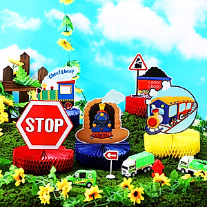 9 Pcs Railroad Train Crossing Theme Honeycomb Centerpieces Party Decorations Railway Train Centerpiece Decoration Birthday Railroad Crossing Sign Table Topper Kids' Party Centerpieces Photo Booth Prop