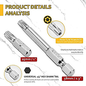 YF YoungFulTool 24Pcs Security Torx Bits with Head from T5 to T40 1'' 2.3''Long Shank 1/4 Hex Tail S2 Steel Drill Bits Tamper Resistant Bits Suitable for Drills,Hand,Power or Air Tools