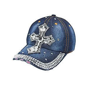 Popfizzy Cross Hat, Rhinestone Hats for Women, Bling Bling Bedazzled Baseball Caps, Distressed Denim Hat, Bejeweled Hats