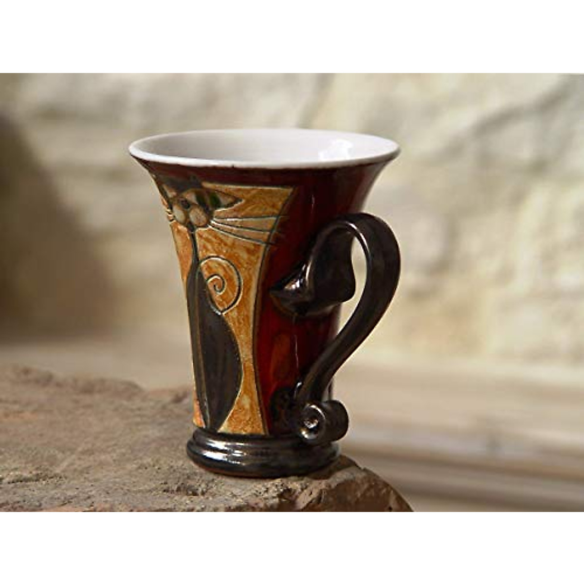 Pottery Coffee Mug, Cat Mug, Red Mug with Unique Hand Painted Decoration