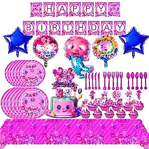 Pink Cartoon Party Supplies Favors, Birthday Decoration Include Banner, Plates, Tablecloth, Forks, Cake Topper, Foil Balloons Tableware for Kids Pink Cartoon Birthday Boys and Girls