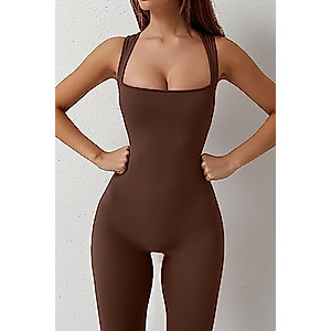 QINSEN Jumpsuit for Women Wide Leg Full Length Leggings Sexy Sleeveless Tank Flare Playsuit Coffee S