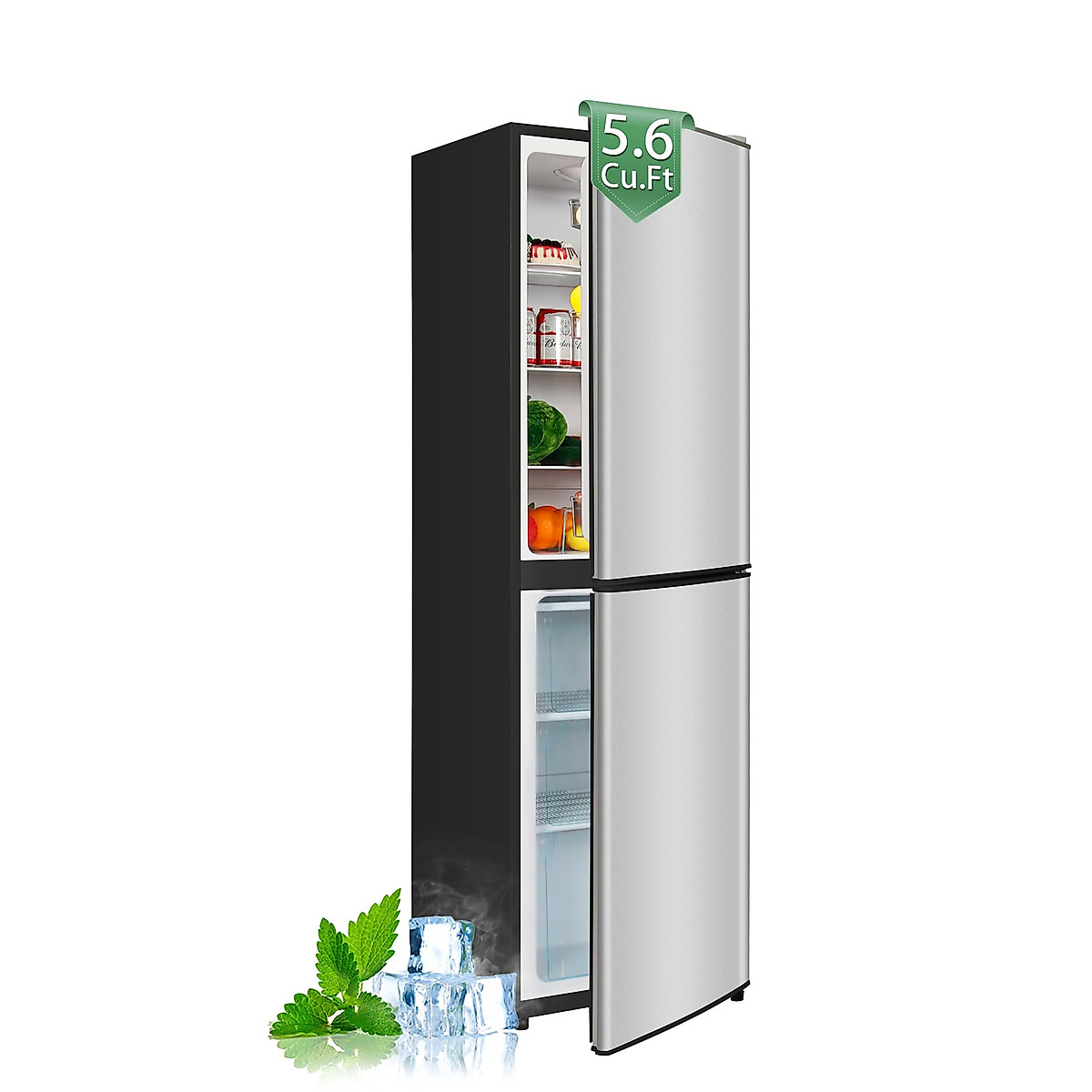 rosmena 5.6 Cu.Ft Refrigerator, Fridge with Large Freezer, Double Door RV Refrigerator, 7 Adjustable Thermostat, 3 Shelves & Drawers, Apartment Refrigerator Nevera for Garage, Kitchen, Silver