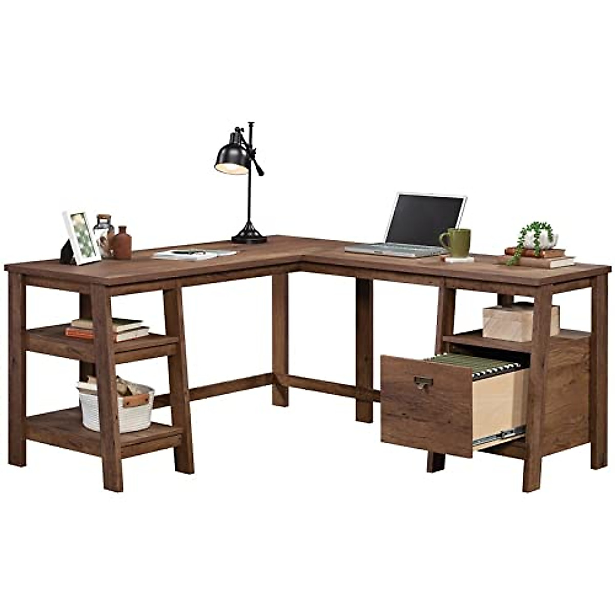 Sauder Trestle L-Shaped Trestle Desk in Vintage Oak, Vintage Oak Finish