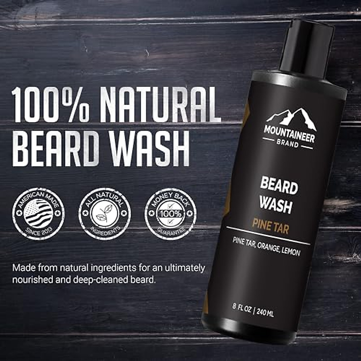 Mountaineer Brand Beard Wash For Men | 100% Natural Beard Shampoo | Thick Cleaning Softening Lather for Hair and Skin | Hydrate and Detangle | Grooming Treatment | WV Pine Tar Scent 8oz