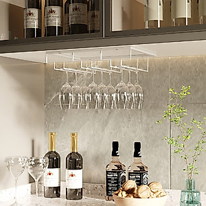 C&AHOME 3-Row Wine Glass Rack, Under Cabinet Stemware Rack, Wine Glasses Holder Storage Hanger, Metal Glass Organizer for Kitchen, Cabinet, Bar, 11.8" L × 9" W × 2.4" H White UWG3R1W