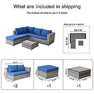 MOLIXXES 4 Pieces PE Wicker Outdoor Sofa Couch Sectional Patio Set,Patio Furniture Sectional Sofa with Ottoman, Glass Table, Pillow,Gray Rattan Blue Cushion