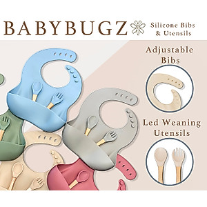 BabyBugz 7 Piece Baby Silicone Feeding Set, Baby Led Weaning Supplies with Silicone Suction Baby Bowls, Baby Silicone Plate With Suction and Baby Bibs, Baby Essentials Led Weaning Utensils (Sand)