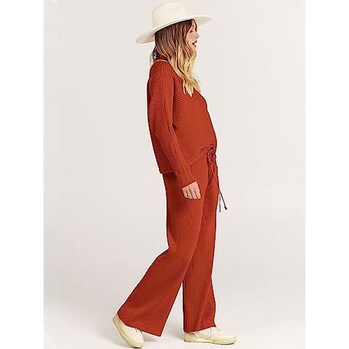 ANRABESS Women's 2 Piece Sweater Lounge Set Creneck Long Sleeve Ribbed Knit Pullover Crop Top and Straight Pants 582shenxiuhong-S Rust