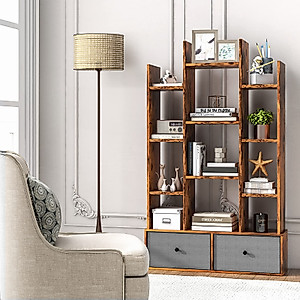 Giantex 9-Cube Bookcase with 2 Drawers - Industrial Freestanding Open Display Shelving with Anti-toppling Device, 12 Storage Shelves, Wooden Tree Shaped Bookshelf for Living Room, Rustic Brown