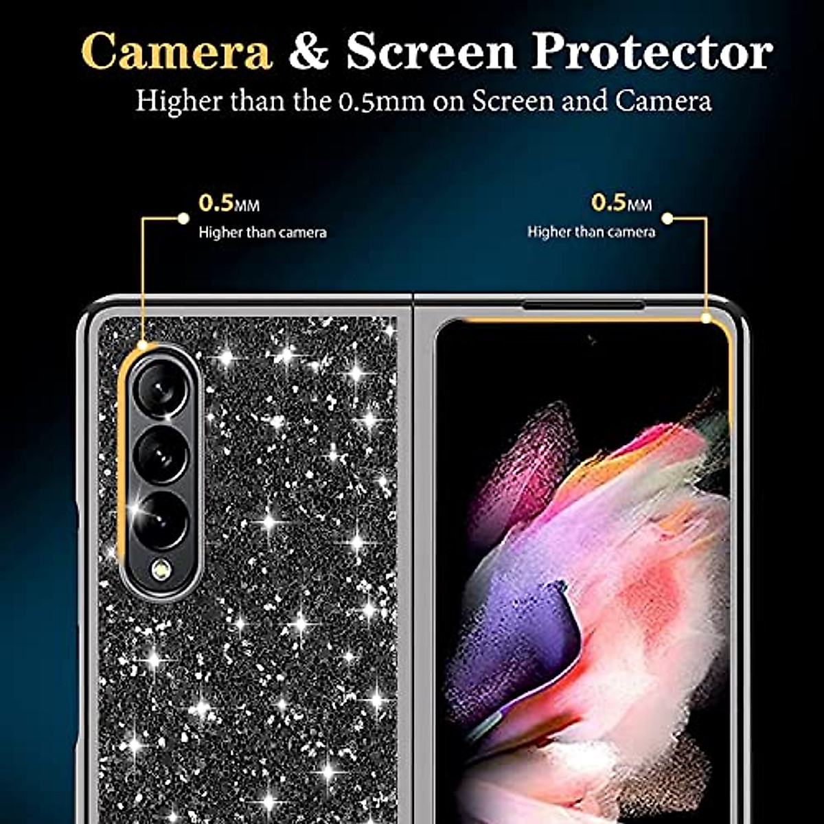 Z Fold 3 Glitter Case for Samsung Galaxy Z Fold3 5G Phone Case for Women Girls, Slim Ultra Thin Matte Back Shockproof Protective Cover for Samsung Z Fold 3 5G, 7.6" Crystal Bling Case (Black)