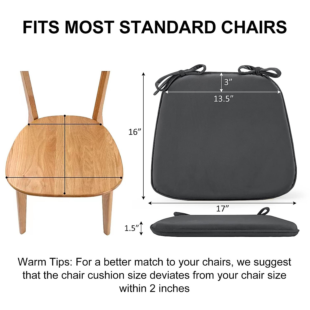 Wellsin Chair Cushions for Dining Chairs 4 Pack, Memory Foam Seat Cushions for Kitchen Chairs, 17"x16"x1.5" Kitchen Chair Cushions with Ties,Dark Grey