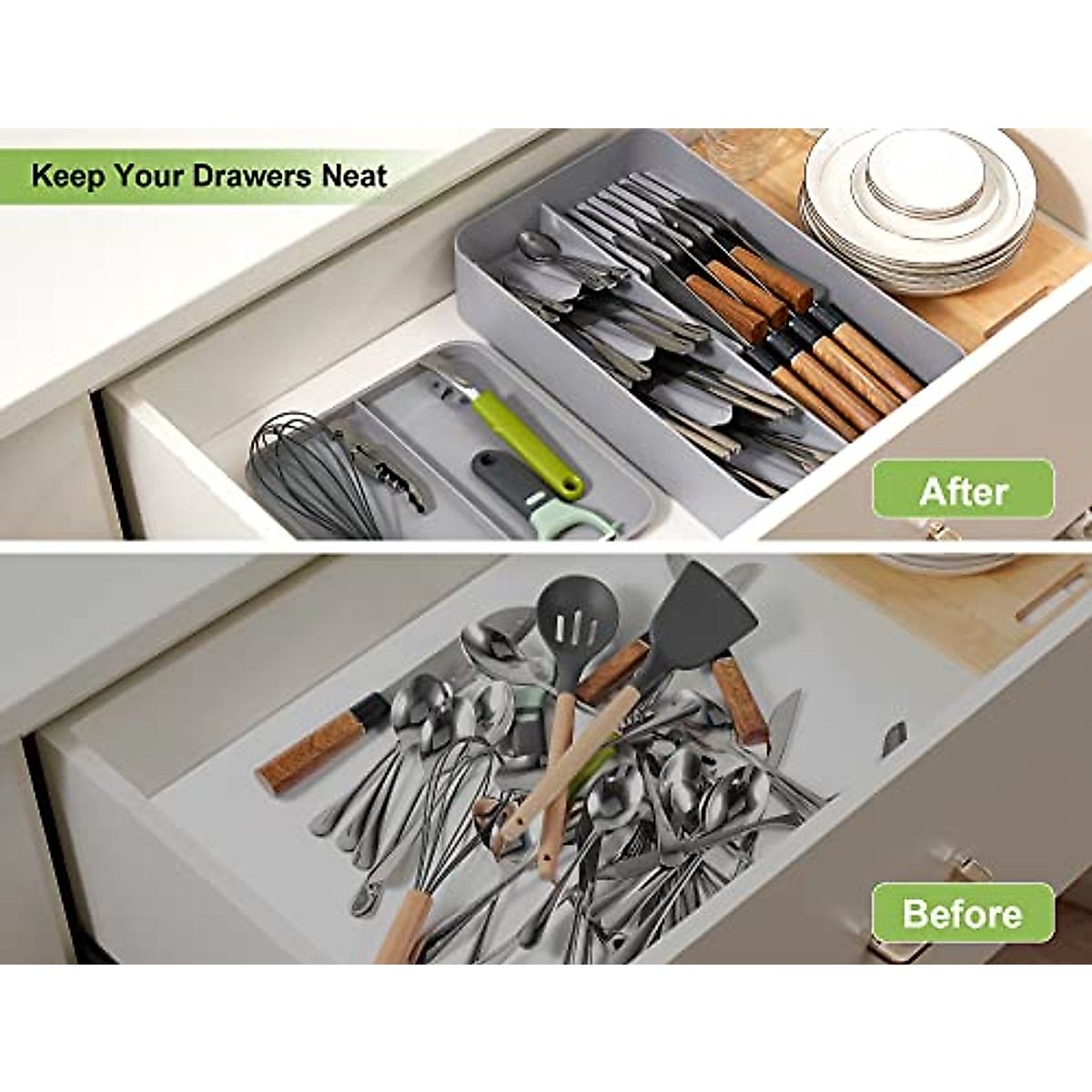 SOMIER 3-in-1 Kitchen Drawer Organizer Flatware Cutlery and Utensil Trays, 2-Tier Knife Holder - 4 Stacked Compartments Silverware Tray - A Removable Divider for Kitchen Gadgets Storage, Gray