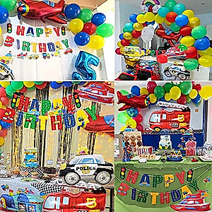 Transportation Party Decorations for Boys, 49PCS Construction Happy Birthday Supplies Vehicle Traffic Theme Baby Shower Red Green Blue Garland Kit for 2nd 1st with Car Plane Train Police Balloon Banner