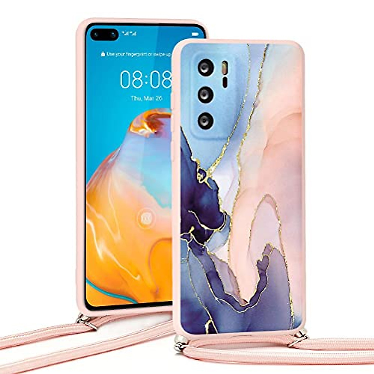 Pnakqil Compatible with Huawei Mate 20 Pro Case 6.39 inch, Crossbody Adjustable Necklace Lanyard with Fashion Pattern Design Soft Pink TPU Shockproof Protective Case for Huawei Mate 20 Pro, Marble
