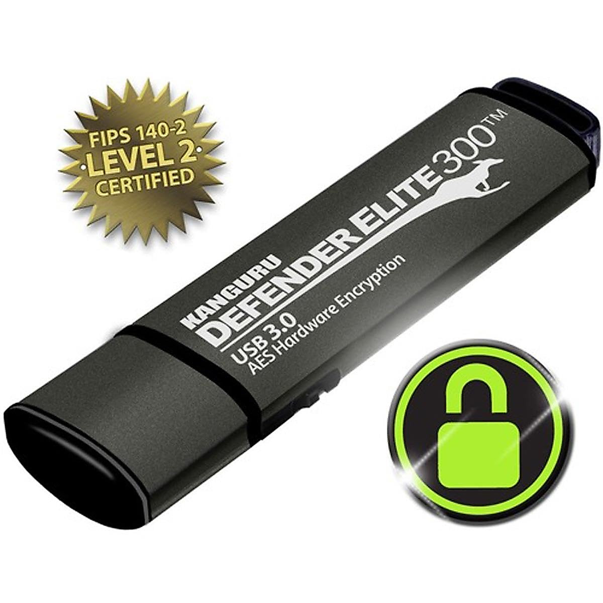 Kanguru Defender Elite300 – 256 GB Hardware Encrypted Flash Drive - FIPS 140-2 Certified - SuperSpeed USB 3.0 – Water Resistant