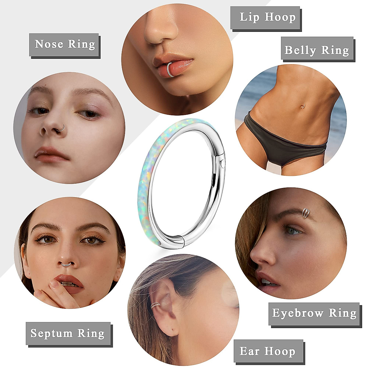 YADOCA 5Pcs 18G 16G Surgical Steel Nose Rings Hoops for Women Men Clicker Septum Hinged Segment Lip Nose Rings Helix Cartilage Conch Rook Earrings CZ Opal Body Piercing Jewelry 8mm 10mm