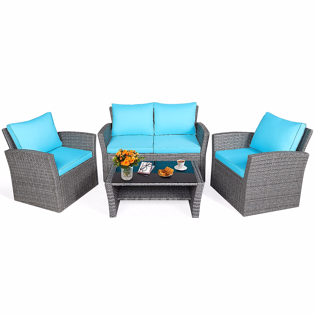 Tangkula 4 Pieces Patio Furniture Set, All Weather Outdoor Sectional Rattan Sofa Set with Cushions & Tempered Glass Table, Wicker Conversation Couch Set for Backyard Garden Poolside (Turquoise)