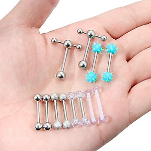 SCERRING 6 Pairs 14G Stainless Steel Soft Silicone Clear Acrylic Tongue Teaser Double Barbell with Slave Ring Nippleings Ring Body Piercing Jewelry