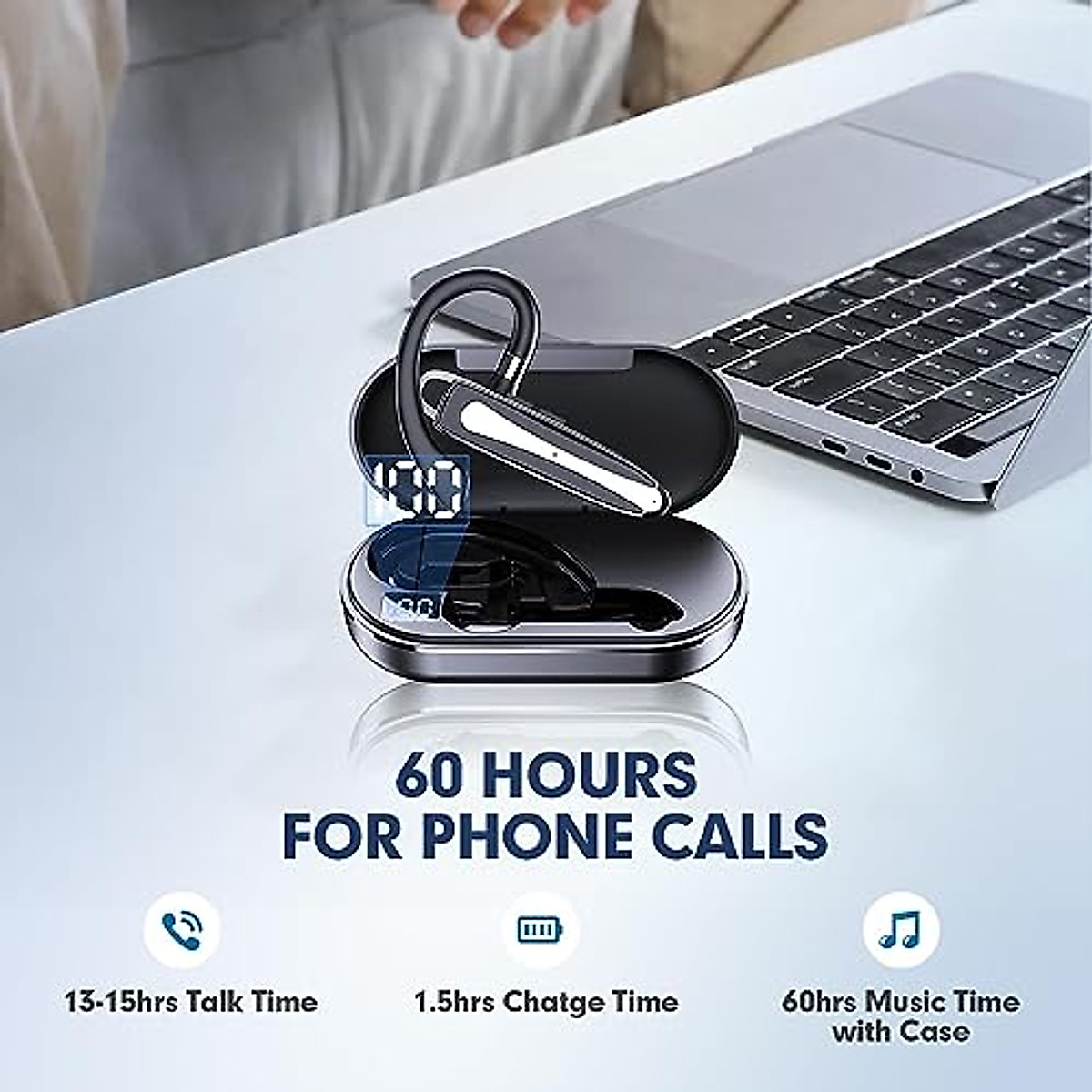 Truck Driver Bluetooth Headset for Cell Phones Wireless Earbuds with Earhooks IPX7 Waterproof Dual Microphone Earpiece in Ear Hands Free Single Headphone Charging Case for Driving Business Android iOS