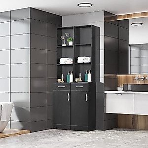 Karl home 70" Tall Bathroom Storage Cabinet Narrow Floor Cabinet Free Standing Tower Cabinet with 3 Open Shelves, 1 Drawer & 1 Compartment, for Bathroom, Living Room, Home, Black