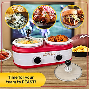 Nostalgia Game Day 2.5-Quart 2-Section Slow Cooker with Lid and Ladle, Keg-Like Design, Cooks Chicken Wings, Meatballs, Chilli, Cheese, Soup, Stews, and More
