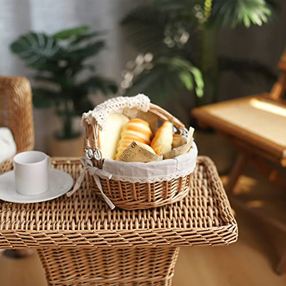 Wicker Basket with Handles, Woven Willow Storage Basket for Picnic,Decoration,Gift,Wedding (Beige Lace)