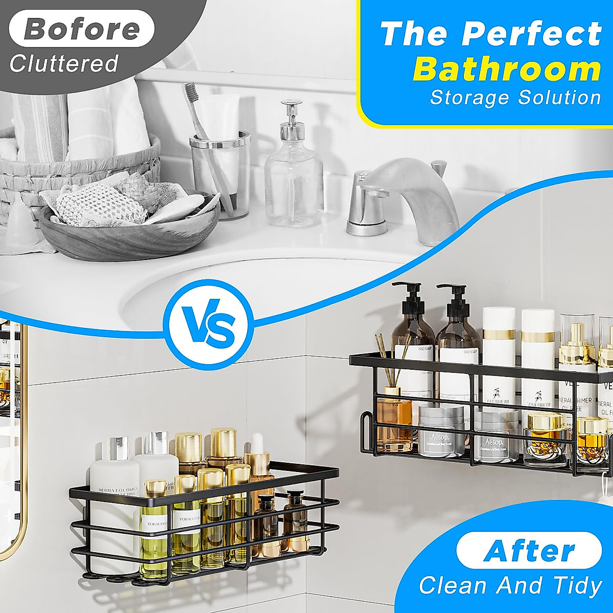 Fogf Shower Caddy 3 Pack, Adhesive Shower Organizer Rack, Wall Mounted, No Drilling, Large Capacity, Rustproof Stainless Steel Bathroom Organizer With 10 Hooks, Shower Caddy Shelf