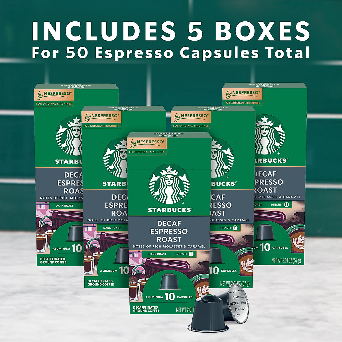 Starbucks by Nespresso Decaf Dark Roast Espresso (50-count single serve capsules, compatible with Nespresso Original Line System)
